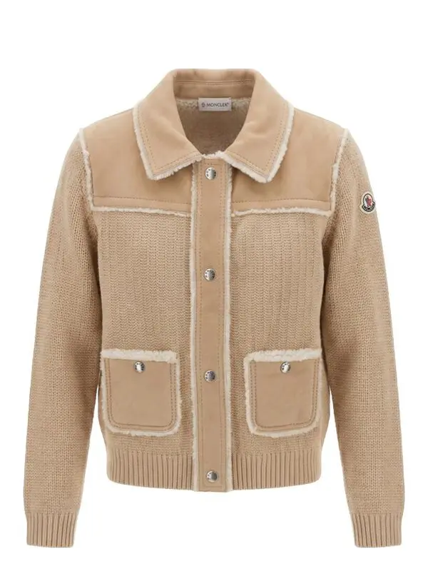 Moncler Long Sleeve Knit Top With Suede Accents - Nude