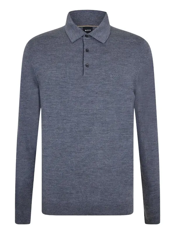 Hugo Boss Heatherblue Knit Longsleeve Polo Shirt - Grey