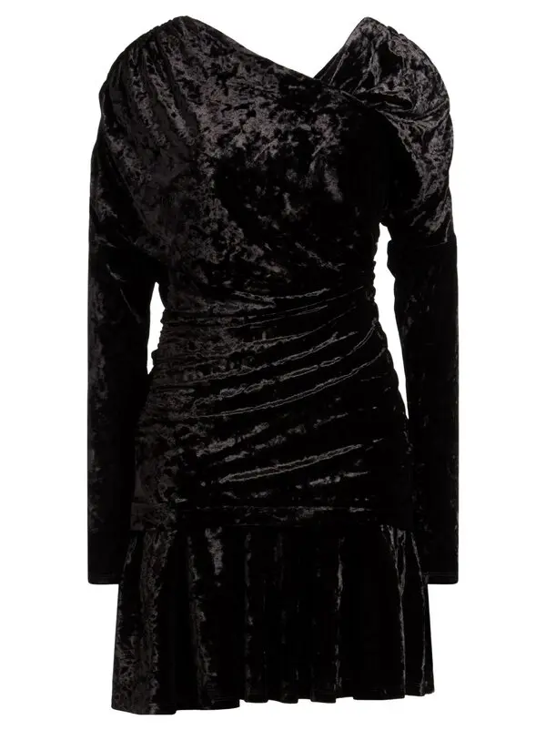 GANNI Velvet Ruched V-neck Long Sleeve Dress - Black