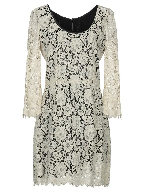Dolce & Gabbana Two-tone Lace Dress With V-neck And Three-quarter Sleeves - Beige
