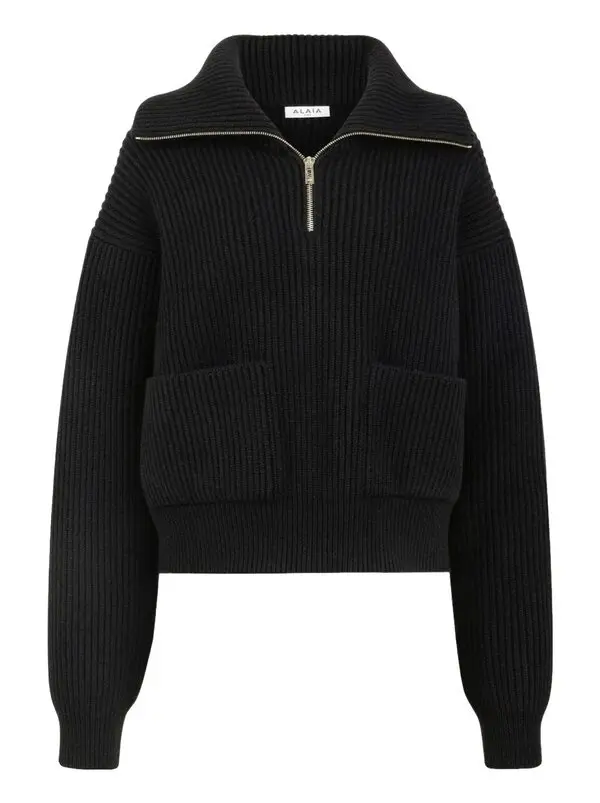 Alaïa Ribbed Wool-cashmere Trucker Pullover With Zip Collar And Patch Pockets - Black