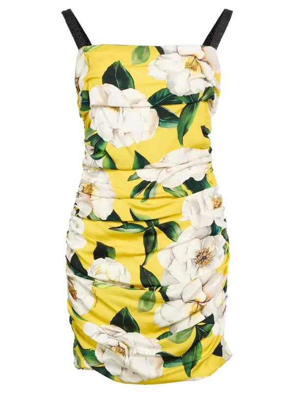 Dolce & Gabbana Floral Sleeveless Ruched Bodycon Dress - Yellow