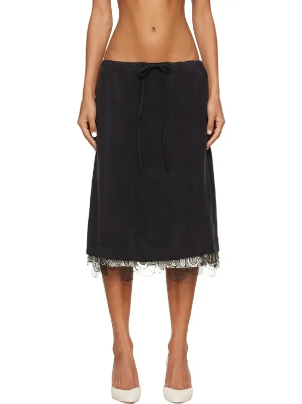 Studio Nicholson Midi Skirt With Drawstring Waist And Lace Hem - Black