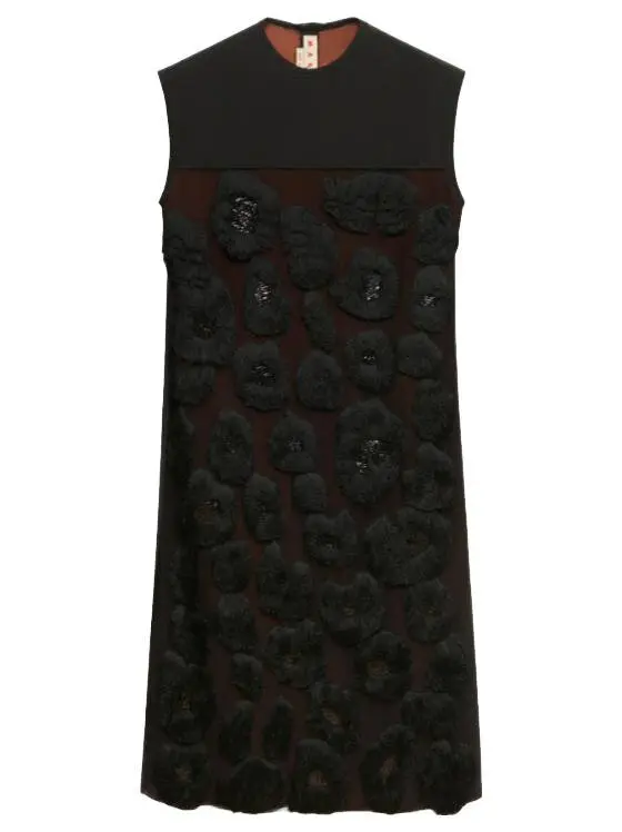 Marni Sleeveless Georgette Dress With Shaggy Camouflage Motif - Black