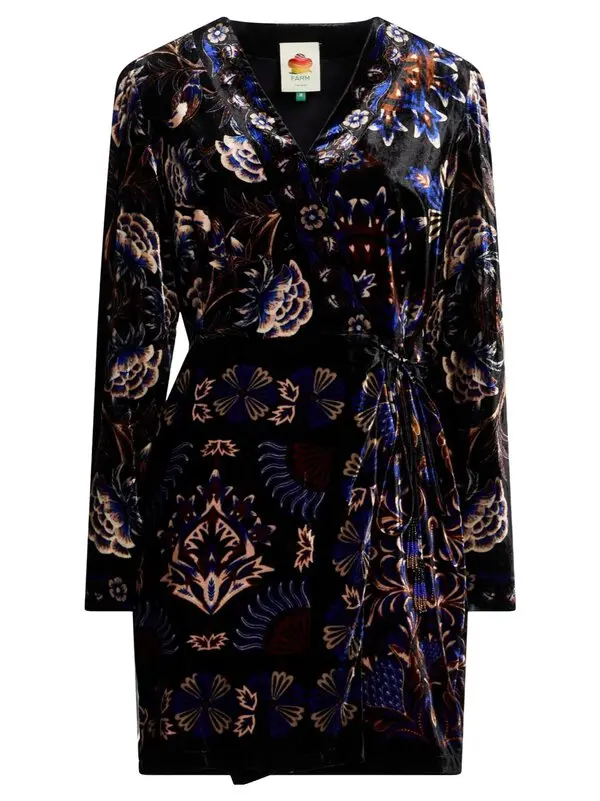 Farm Rio Floral Print Velvet Dress - Black