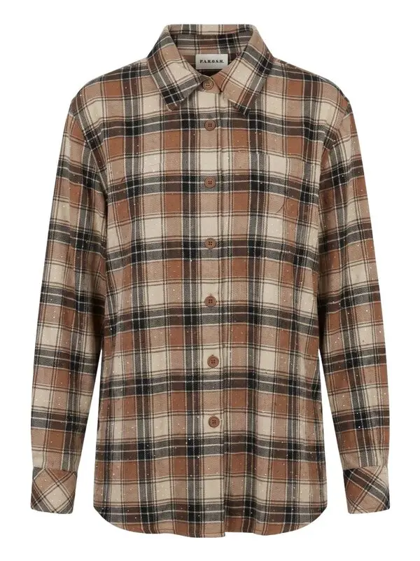 P.a.r.o.s.h Checked Cotton Shirt With Curved Hem - Brown