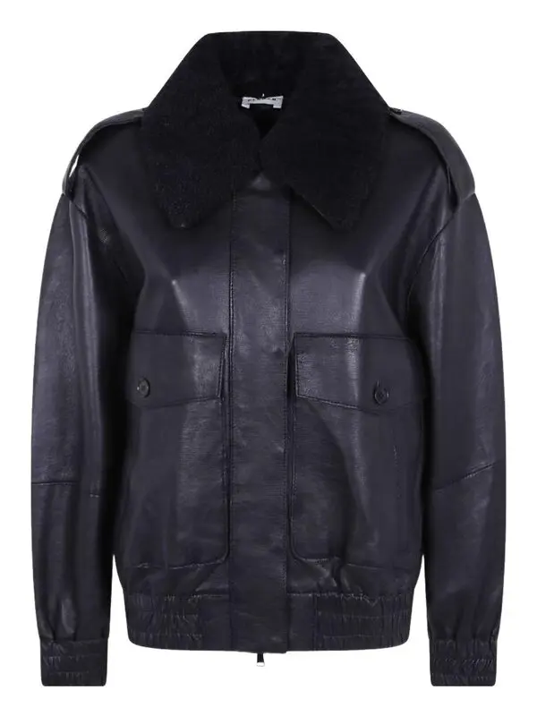 P.a.r.o.s.h Long Sleeve Leather Bomber Jacket - Black