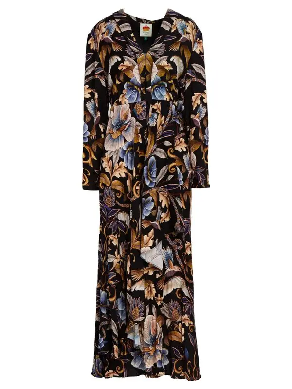 Farm Rio Long Sleeve V-neck Floral Maxi Dress - Black
