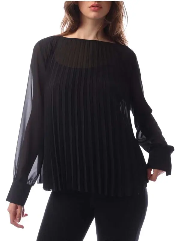 Hugo Boss Boatneck Pleated Chiffon Blouse - Black
