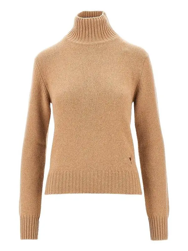 AMI Paris Cashmere Turtleneck Sweater With Embroidered Logo - Beige