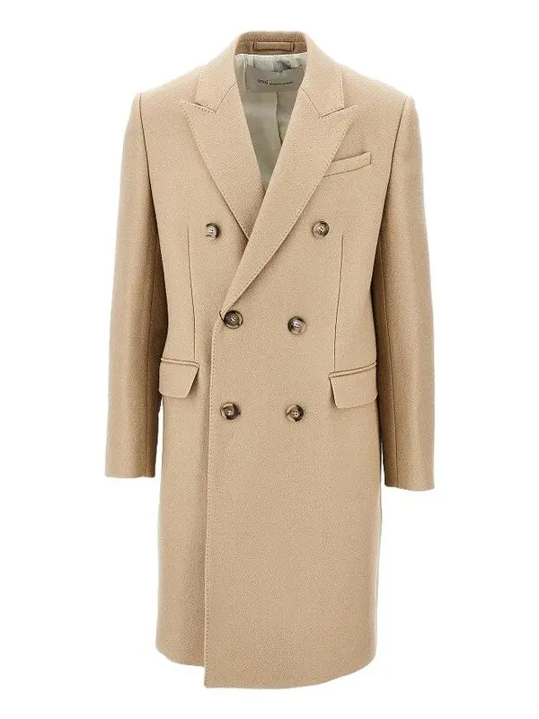 AMI Paris Wool Gabardine Double-breasted Coat - Beige