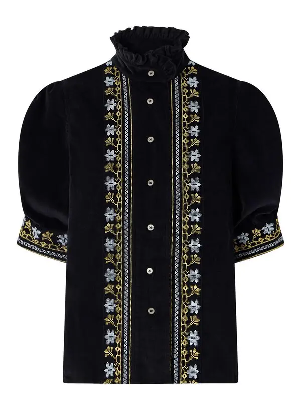 Thierry Colson Embroidered Cotton And Wool-blend Corduroy Blouse - Black