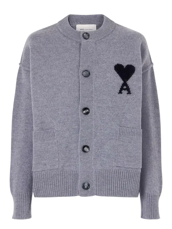 AMI Paris Intarsia Wool Cardigan - Gray
