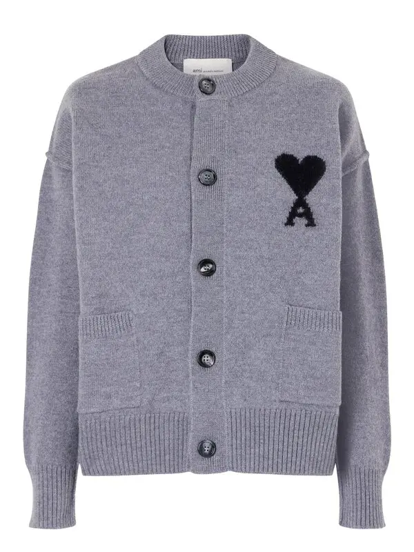 AMI Paris Intarsia Wool Cardigan - Gray