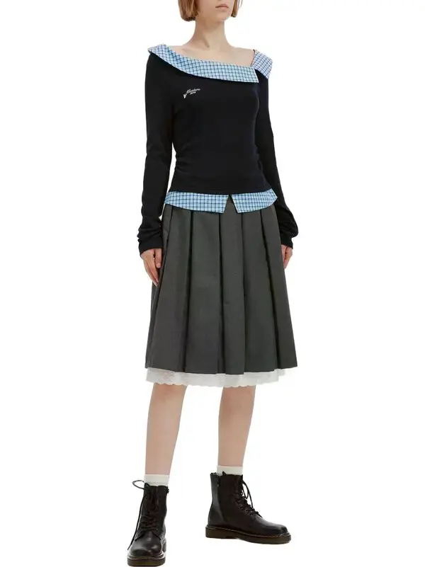 MUSIUM DIV. Long Sleeve Jersey With Asymmetrical Neckline And Checked Trim - Black