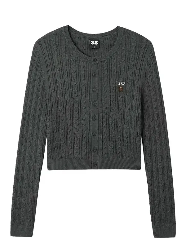 FINGERCROXX Cable-knit Logo Patch Cardigan - Grey