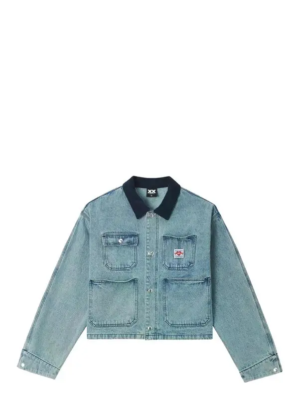 FINGERCROXX Acid Wash Corduroy Collar Denim Jacket - Blue