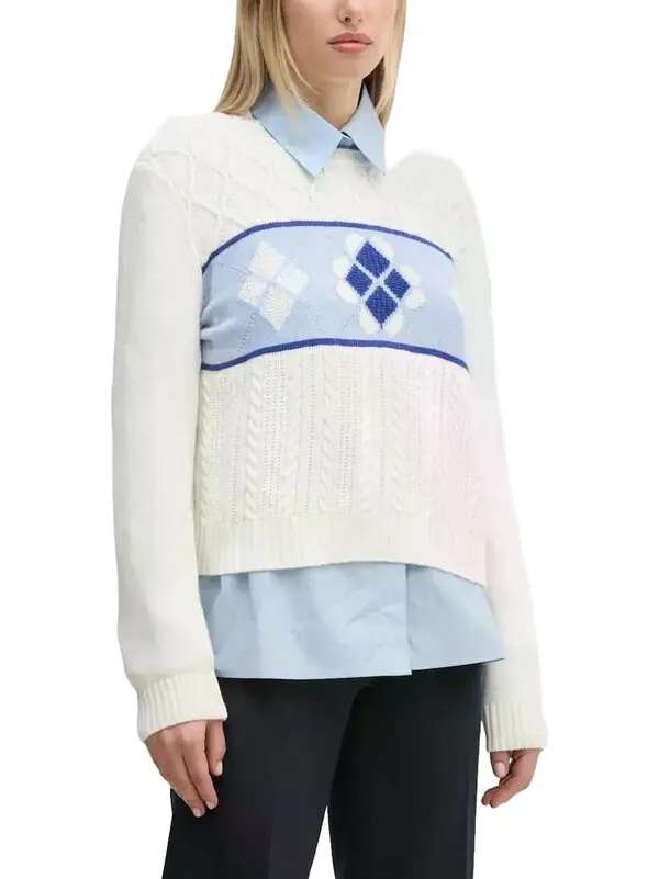 BENETTON Argyle Pattern Cable Knit Sweater - Neutrals
