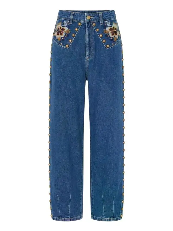 Farm Rio Stud-embellished Floral-embroidered Jeans - Blue