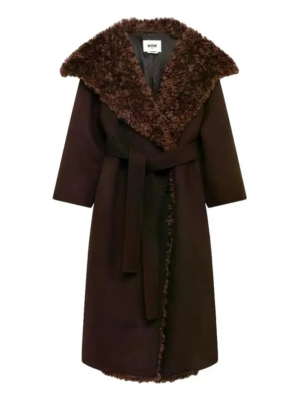 MSGM Shearling-trim Belted Coat - Brown