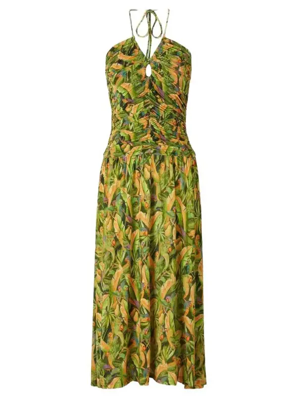 Farm Rio Ruched Parrot-print Midi Dress - Green