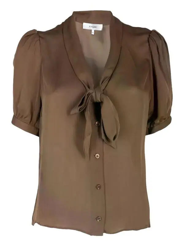 FRAME Sonnet Tie-neck Shirt With Short Puff Sleeves - Green