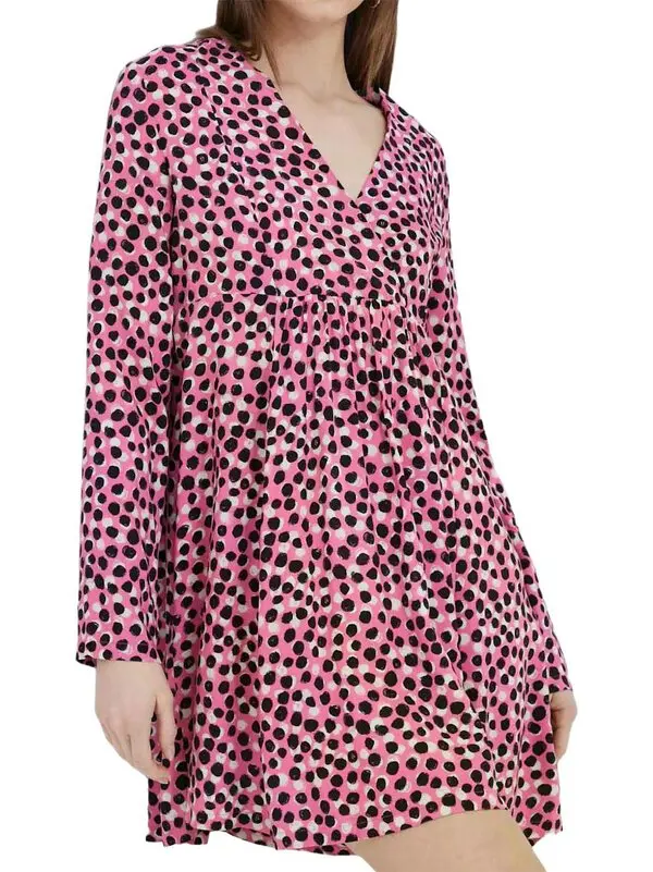 BENETTON V-neck Mini Dress With Polka Dot Pattern - Pink