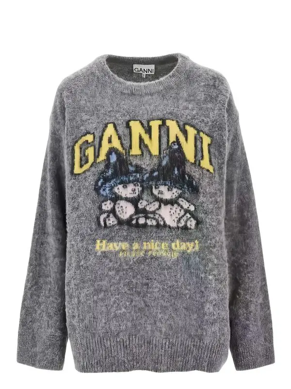 GANNI Intarsia Knit Crew Neck Sweater - Grey