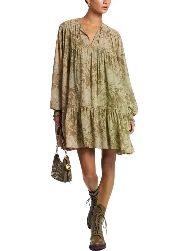 Michael Kors Floral Georgette Tiered Dress With Balloon Sleeves - Neutrals