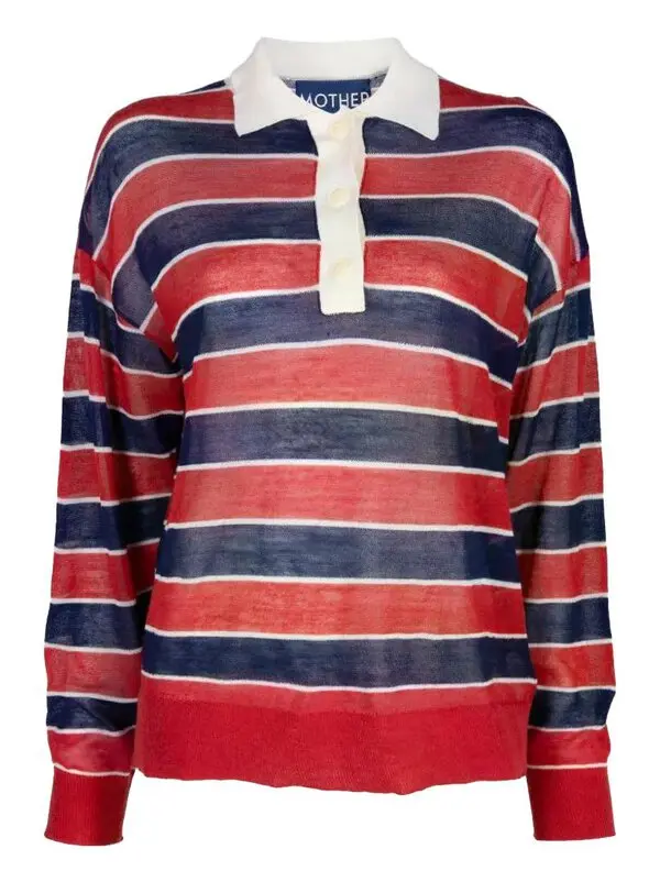 MOTHER The Biggie Raquette Striped Knit Polo Top - Red
