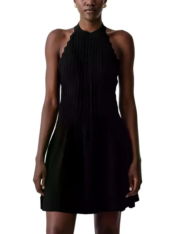 MORGAN Scalloped-edge Ribbed-knit Mini Dress - Black