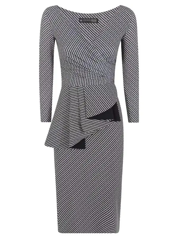Chiara Boni La Petite Robe Houndstooth Peplum Midi Dress - Black