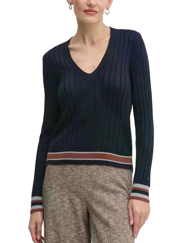 BENETTON Ribbed V-neck Long Sleeve Sweater With Striped Trims - Blue