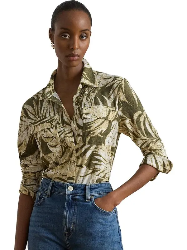 Ralph Lauren Palm-frond Print Stretch Jersey Button-up Shirt - Olive Multi