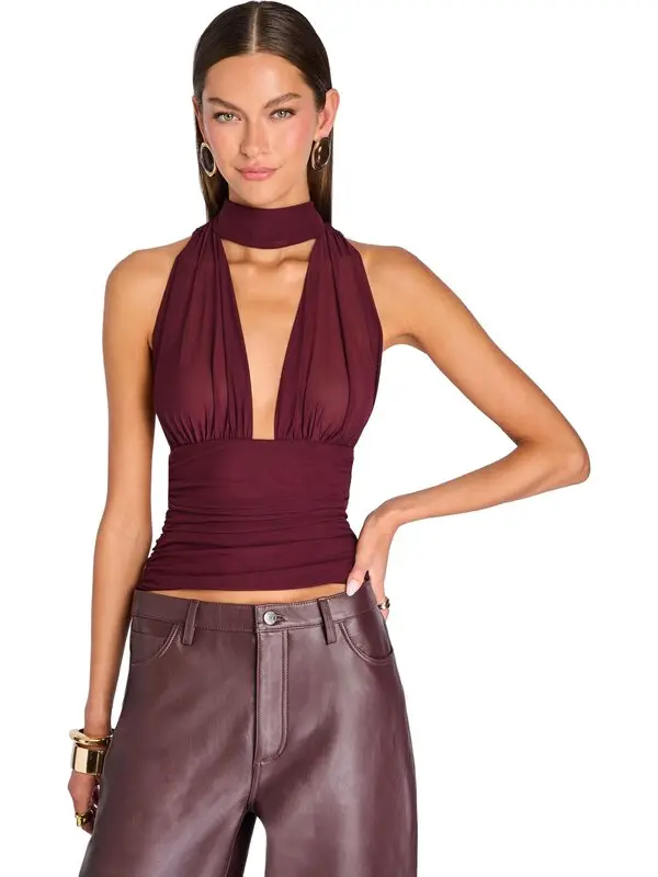 SEROYA Halter Neck Draped Top - Bordeaux