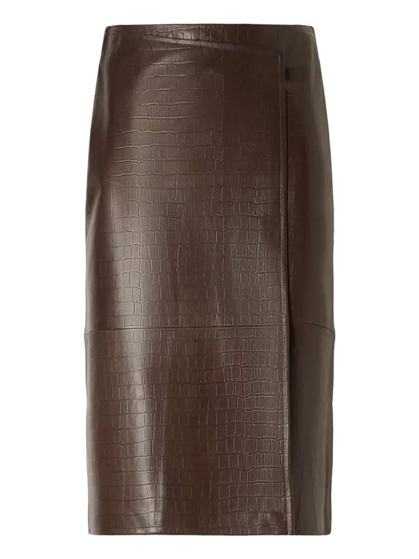 Nour Hammour Origami Croc-effect Leather Midi Wrap Skirt - Dark Brown
