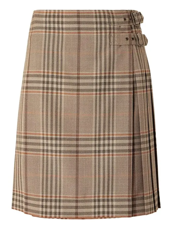 Burberry Pleated Checked Wool Mini Skirt - Beige