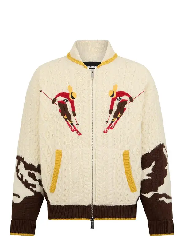 Dsquared2 Cable Knit Zipped Kaban With Embroidered Mountain Scene - Black