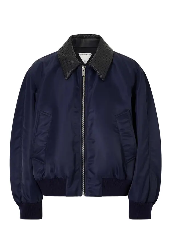 Bottega Veneta Intrecciato Leather-trimmed Satin Jacket - Navy