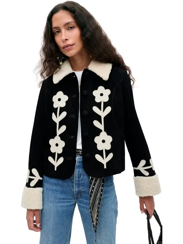 Rixo Brodie Retro Daisy Applique Embroidered Jacket - Black