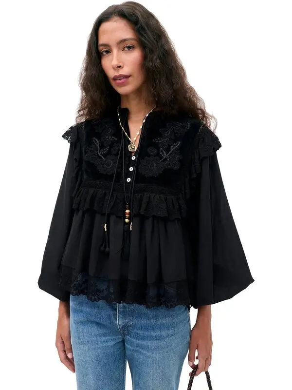 Rixo Diann Lilly Embroidery Blouse - Black