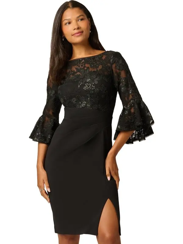 Adrianna Papell Sequin Floral Lace Sheath Dress With Sheer Bell Sleeves - Black