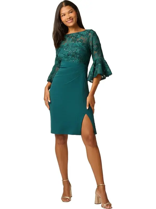 Adrianna Papell Sequin Floral Lace Dress With Sheer Bell Sleeves - Hunter