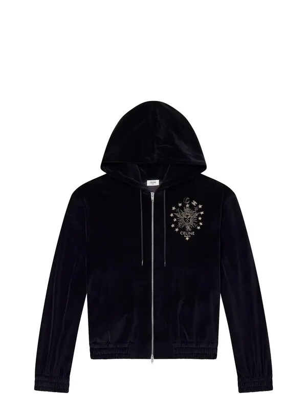 Celine Logo Embroidered Zip-up Hoodie - Black