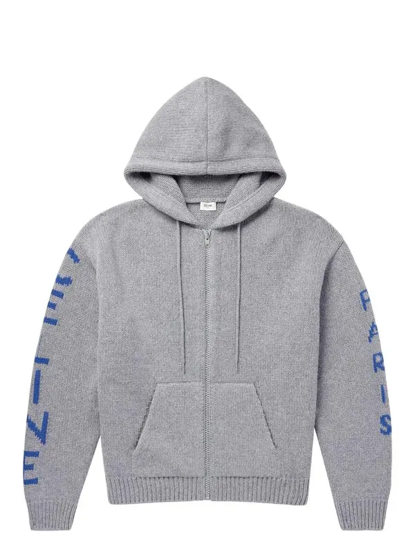 Celine Wool Zip-up Hooded Cardigan With Drawstring - Gray