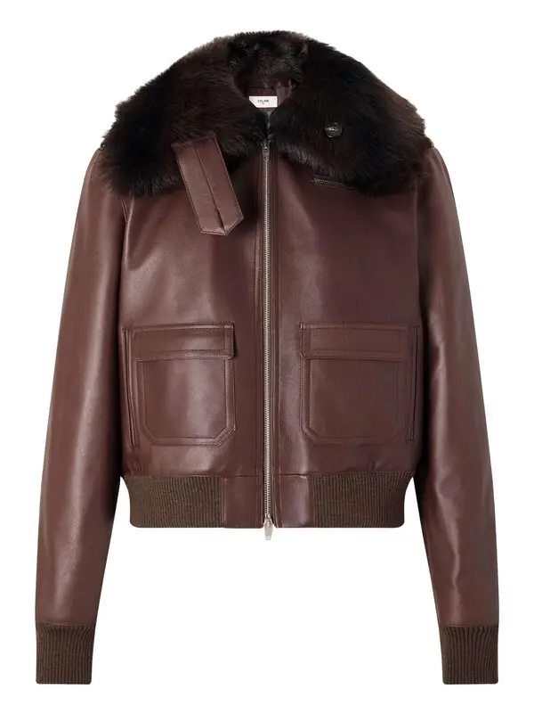 Celine Shearling-trimmed Leather Bomber Jacket - Brown