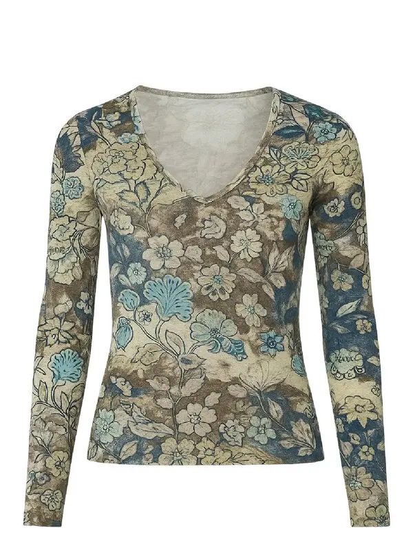 CONQUISTA Floral Print V-neck Long-sleeve Top - Blue