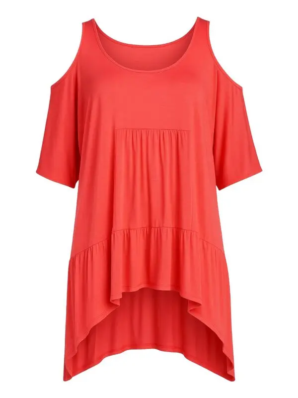 CONQUISTA Flowing Cold-shoulder Tunic With High-low Hem - Red