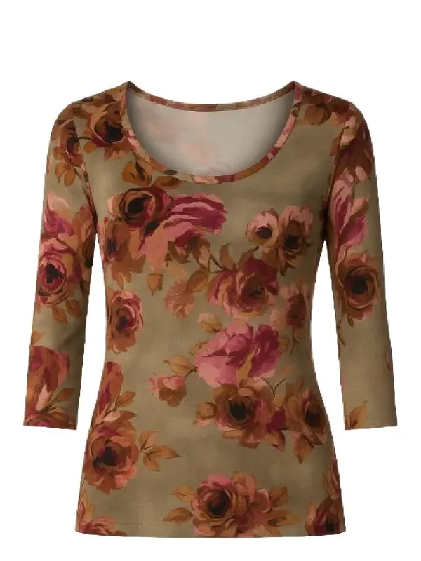 CONQUISTA Floral Print Scoop Neck 3/4 Sleeve Top - Brown
