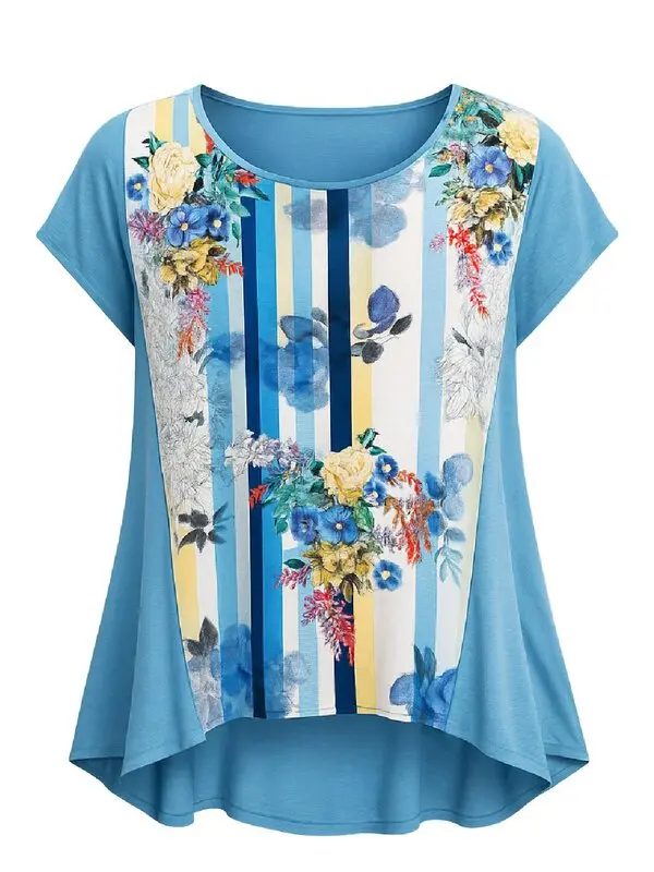 CONQUISTA Floral Stripe Flared Top - Blue